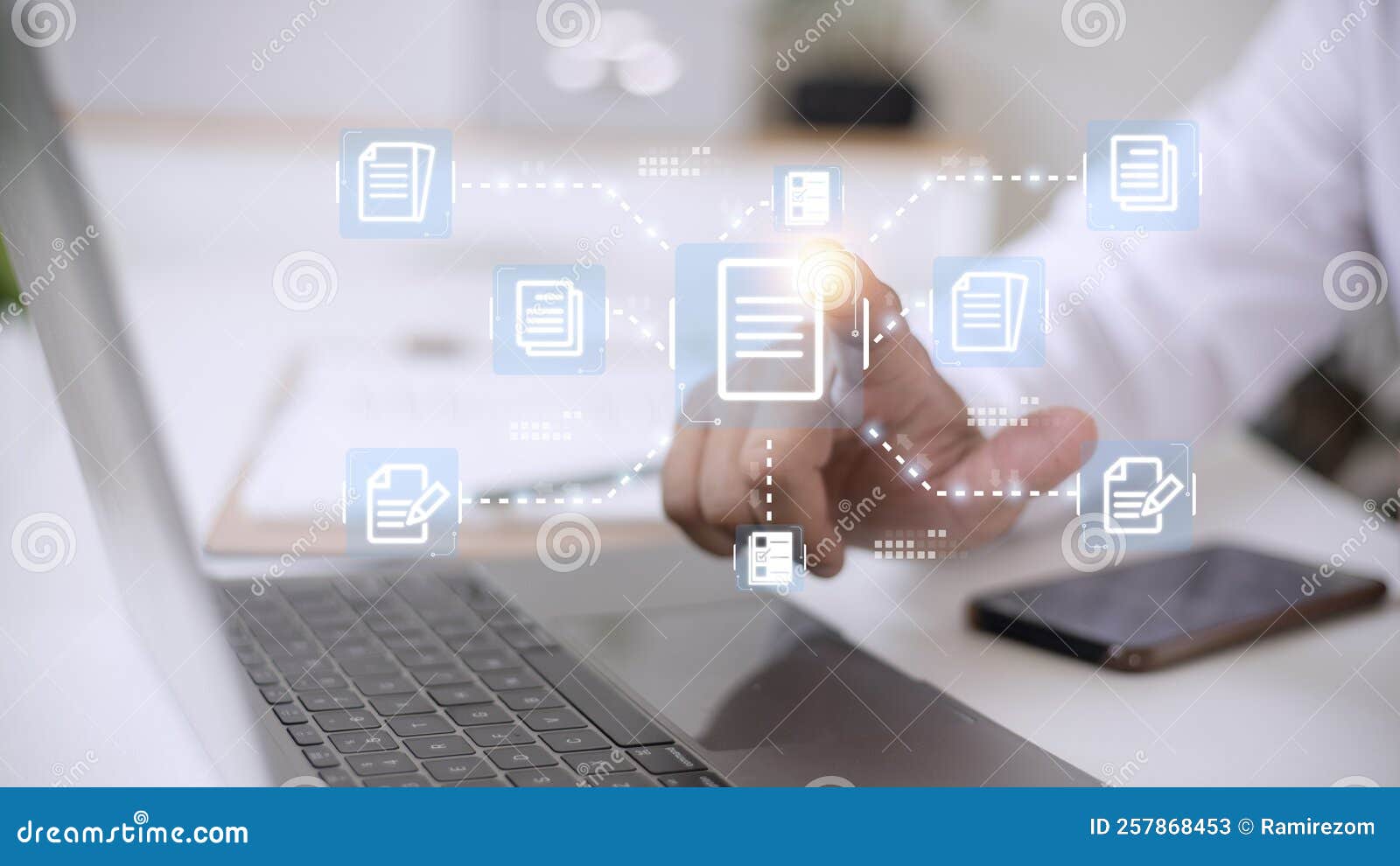 Businessman Working with Electronics Document Icons, E-document ...