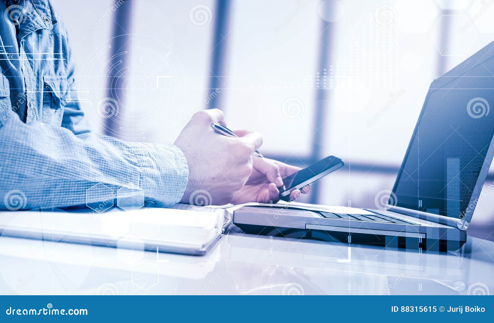 Businessman Working Generic Design Laptop. Touching Screen Smartphone ...