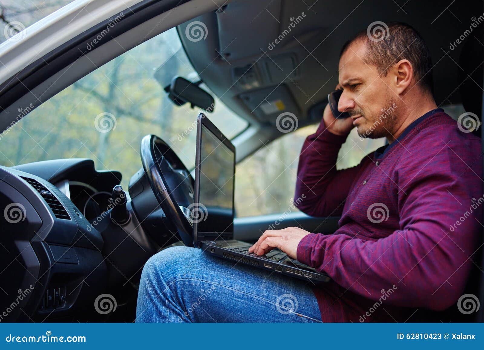 Businessman Working on a Laptop in Car Stock Image - Image of driving ...