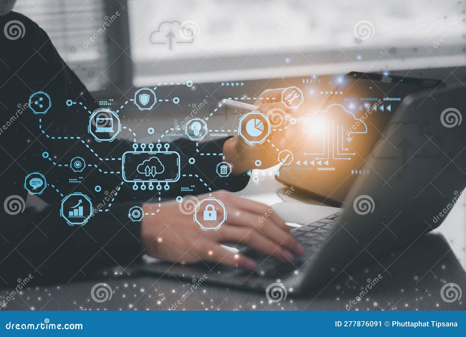 Businessman Working Laptop Computer Futuristic Diagram Network Cloud ...