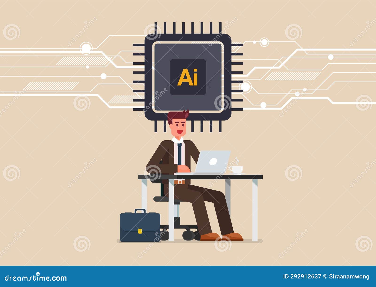 Businessman is Working on a Laptop Computer at Office Desk with AI Chip ...