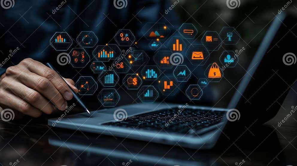 Businessman Working on a Laptop with a Holographic Interface for Big Data Analytics, Artificial ...