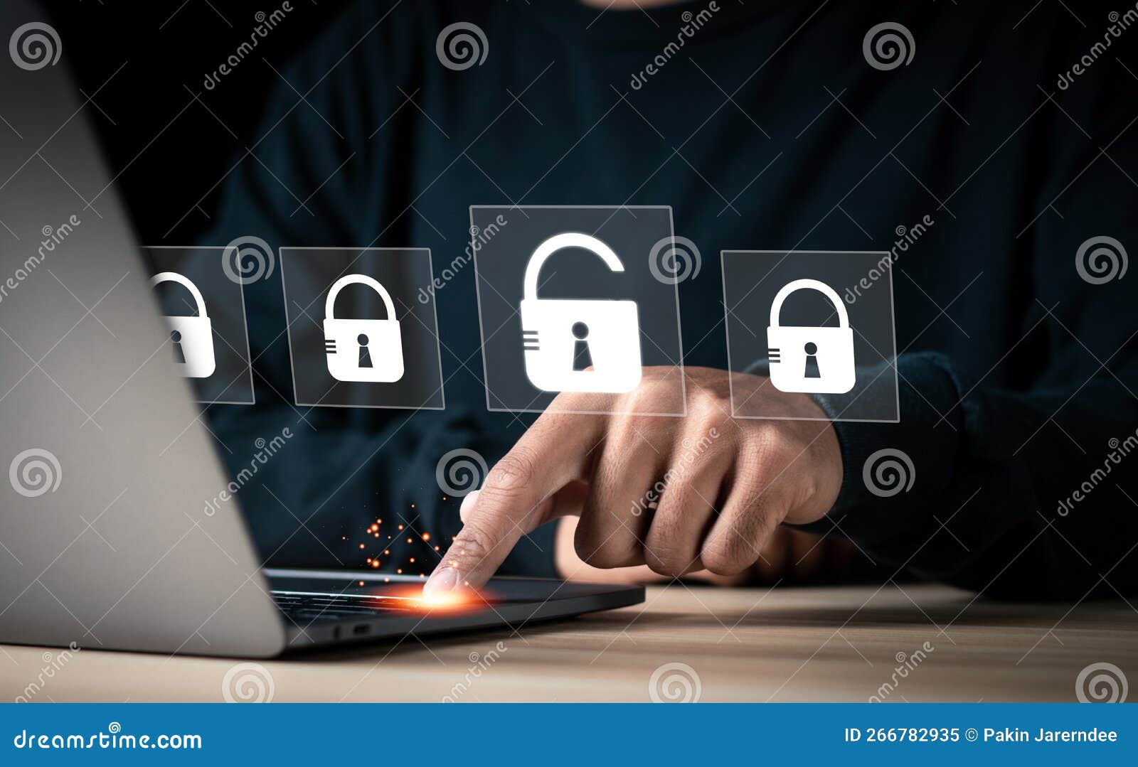 Businessman Working with Laptop Pressing Padlock Unlock Button on ...