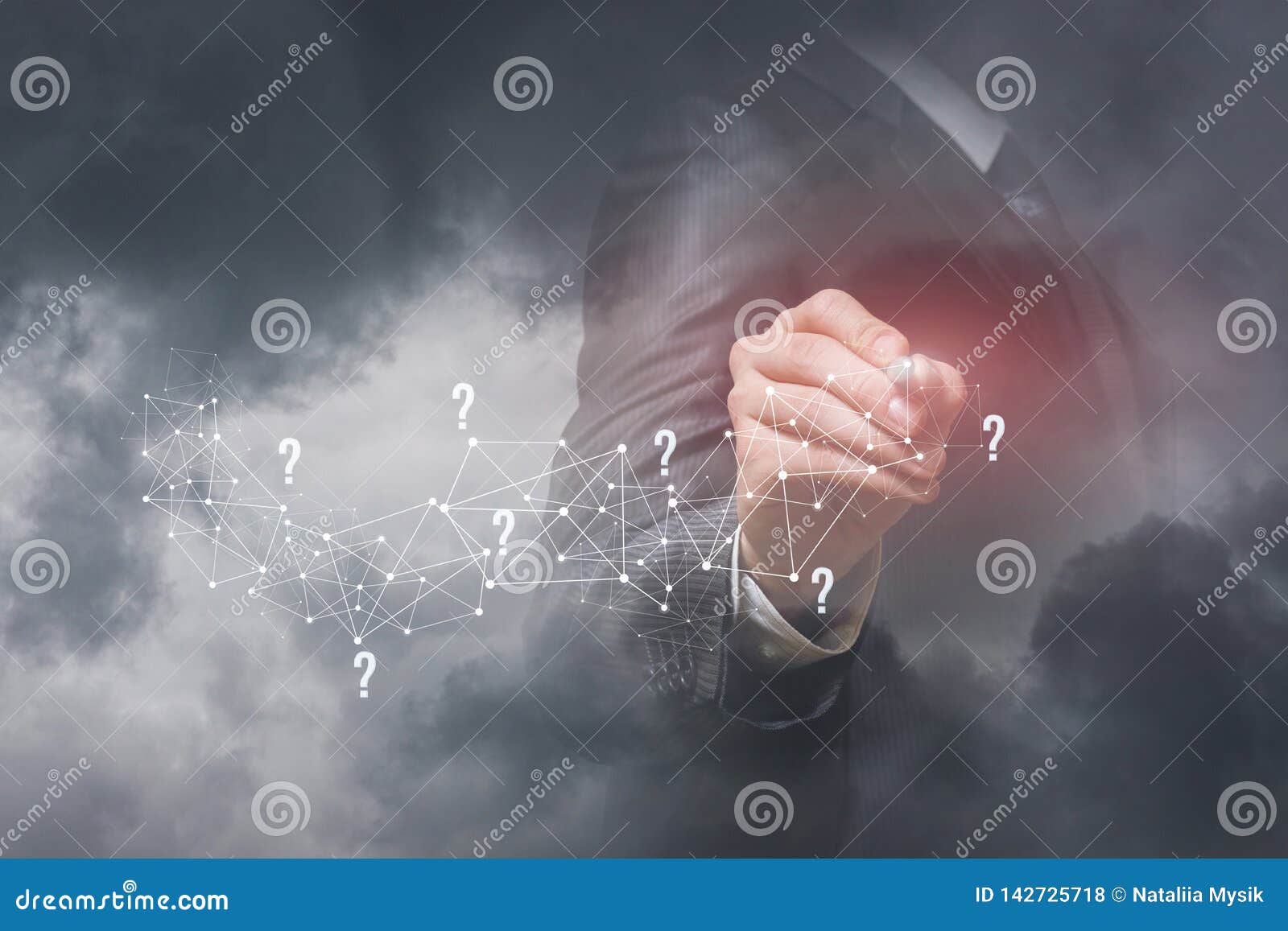 A Businessman Working with Question Marks and Wireless Connection ...