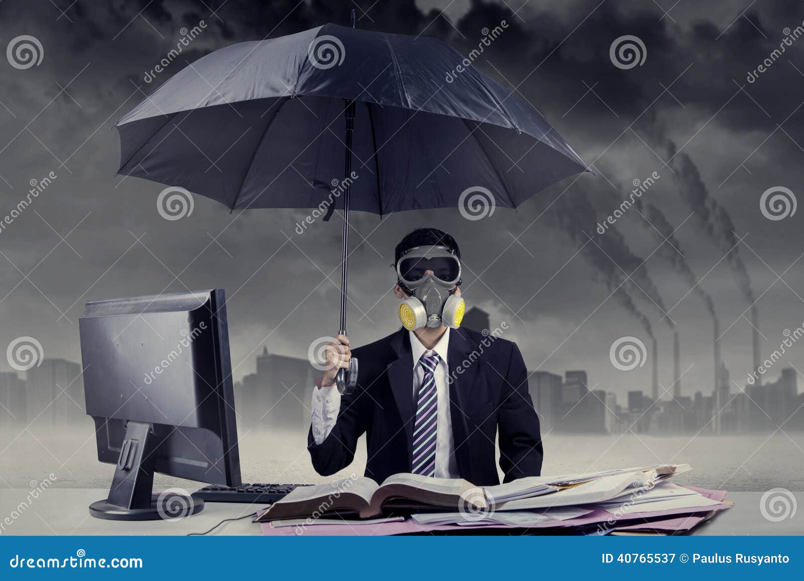 Businessman Working in Situation of Air Pollution Stock Image - Image ...