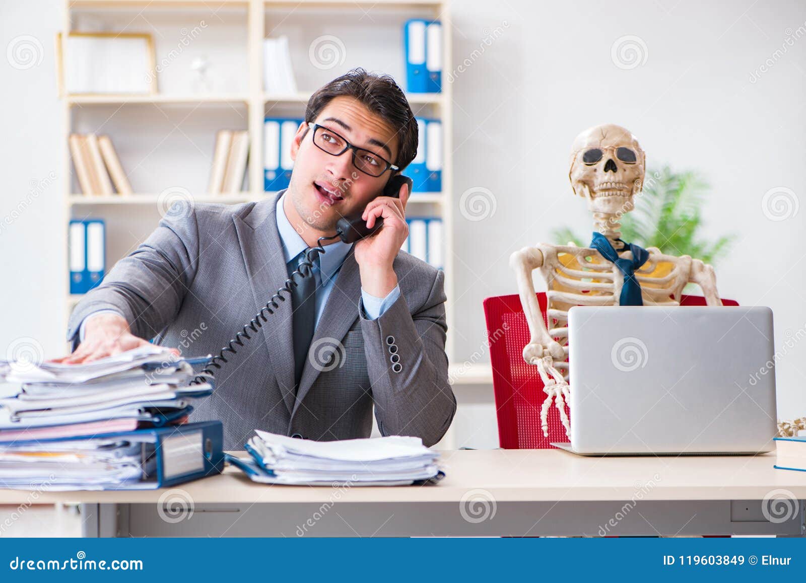 The Businessman Working with Skeleton in Office Stock Image - Image of ...