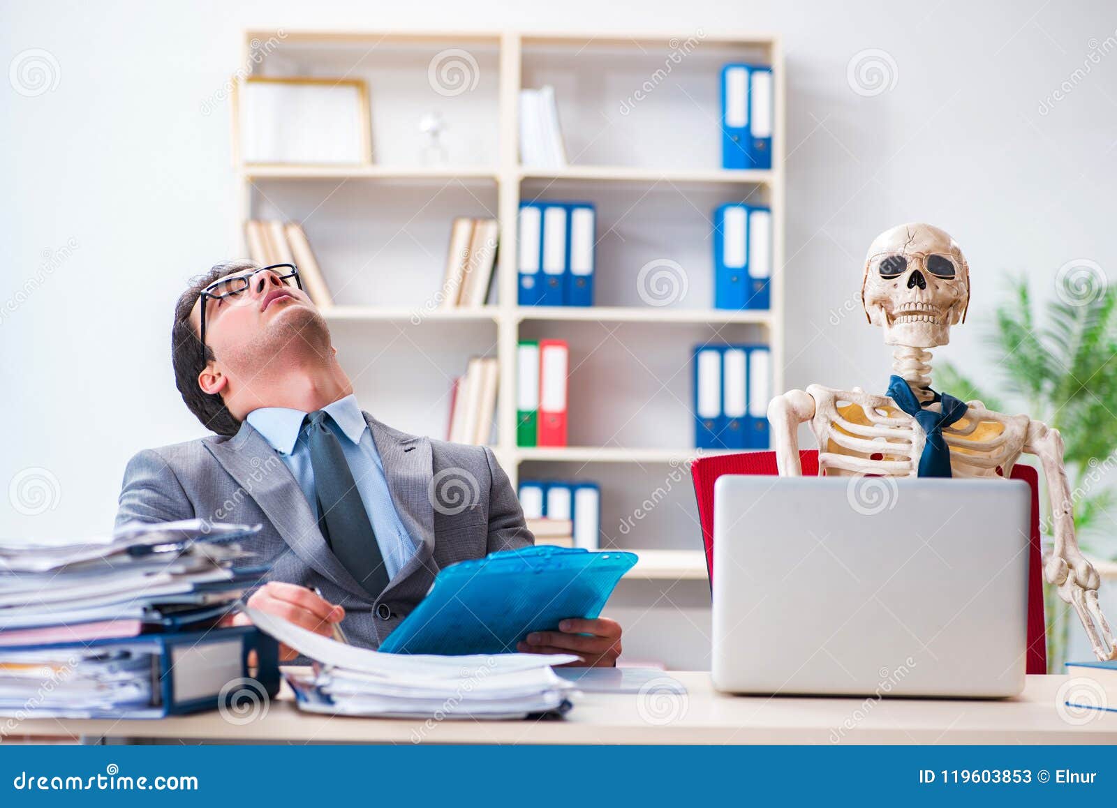 The Businessman Working with Skeleton in Office Stock Image - Image of ...