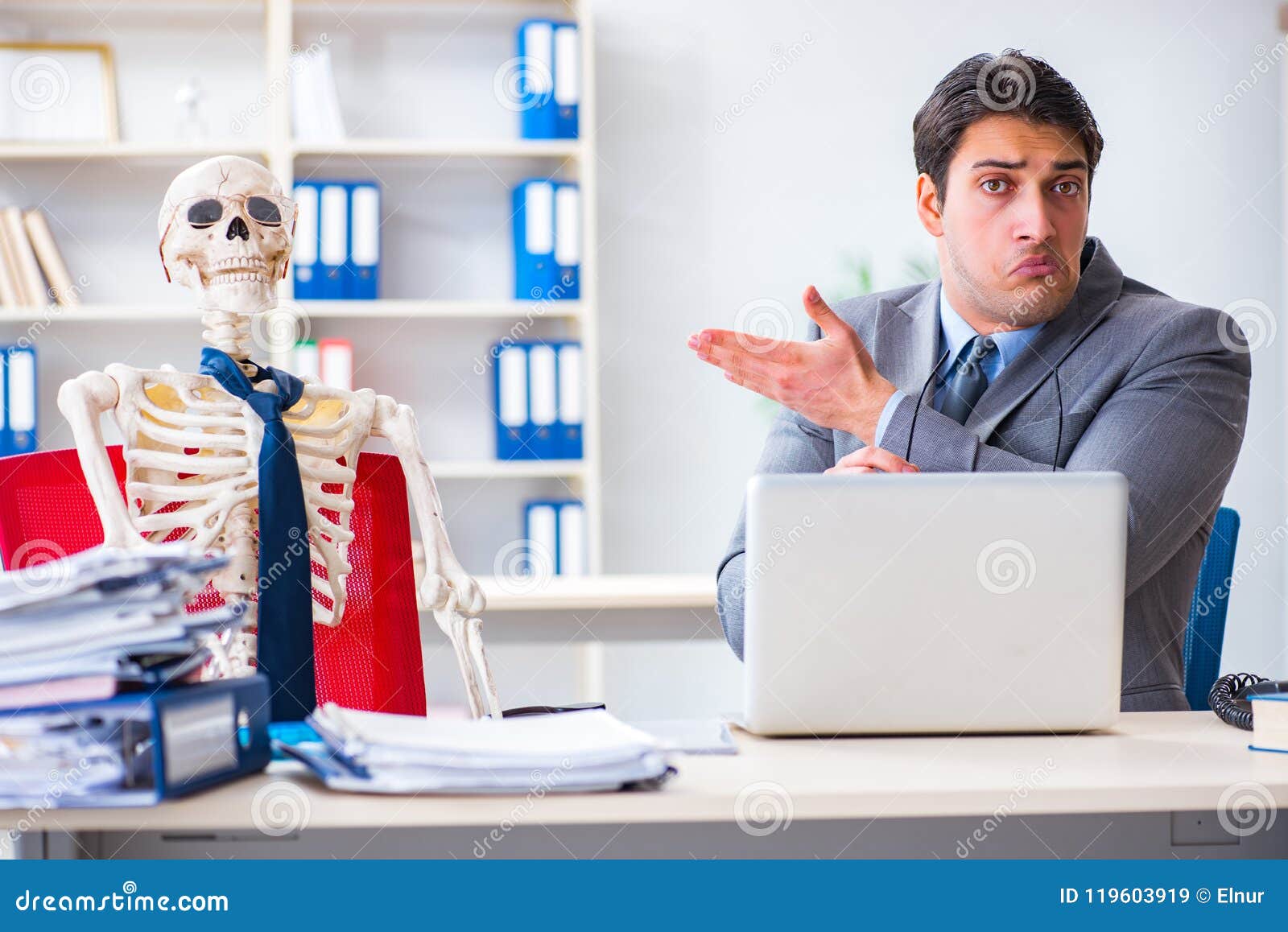 The Businessman Working with Skeleton in Office Stock Image - Image of ...