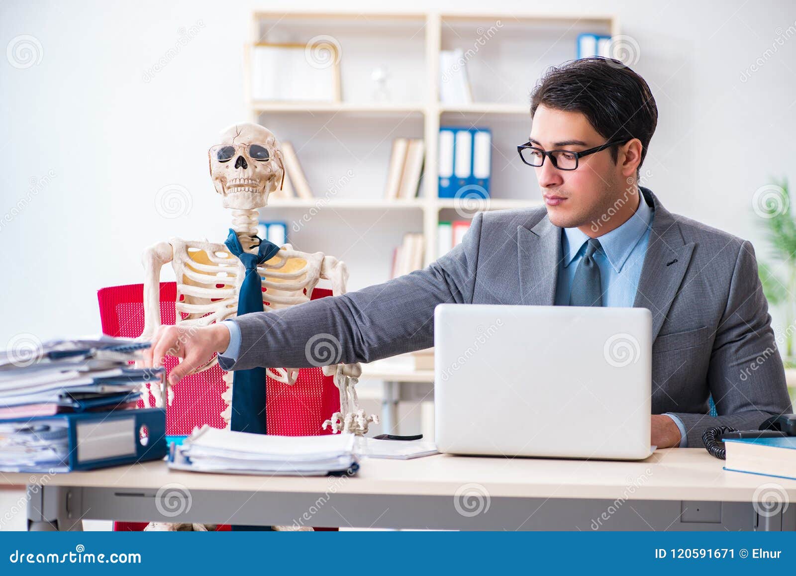 The Businessman Working with Skeleton in Office Stock Image - Image of ...
