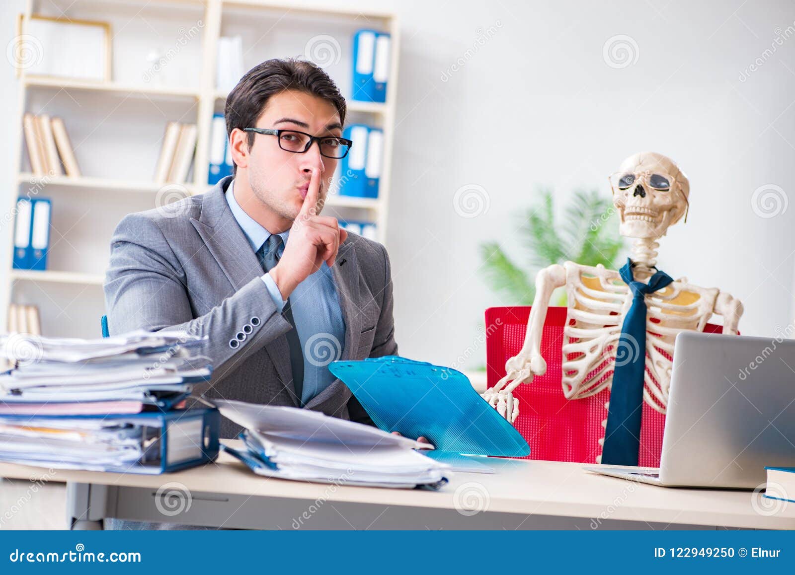 The Businessman Working with Skeleton in Office Stock Photo - Image of ...