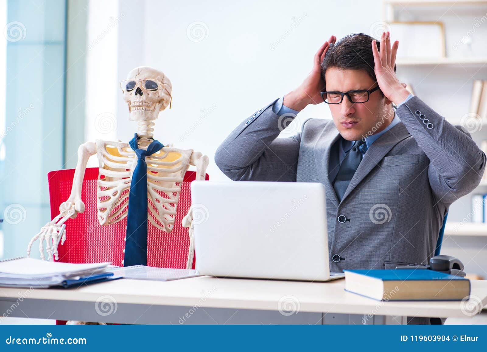 The Businessman Working with Skeleton in Office Stock Photo - Image of ...