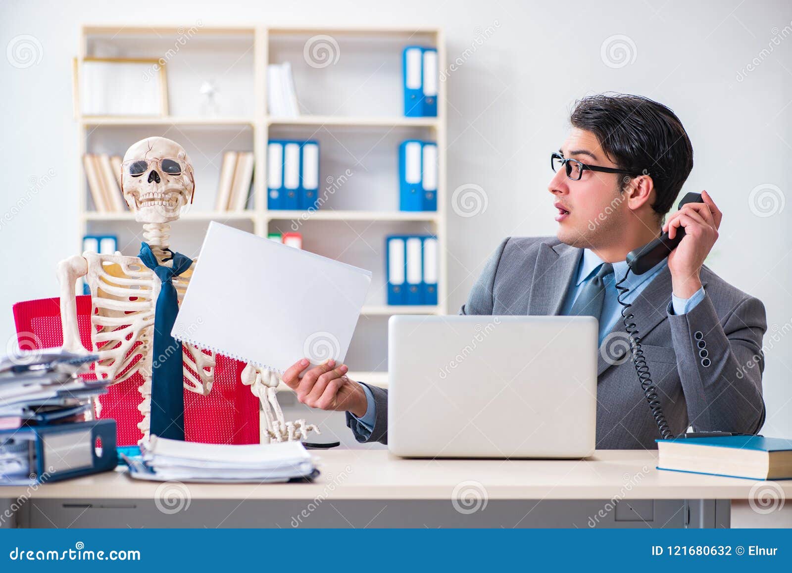 The Businessman Working with Skeleton in Office Stock Photo - Image of ...