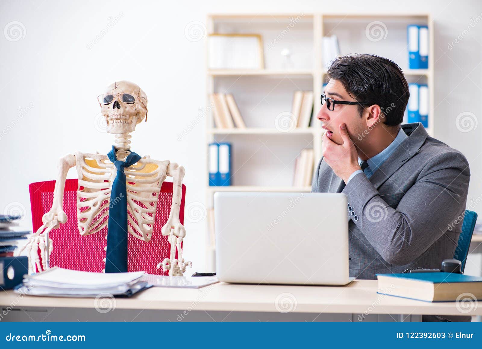 The Businessman Working with Skeleton in Office Stock Image - Image of ...