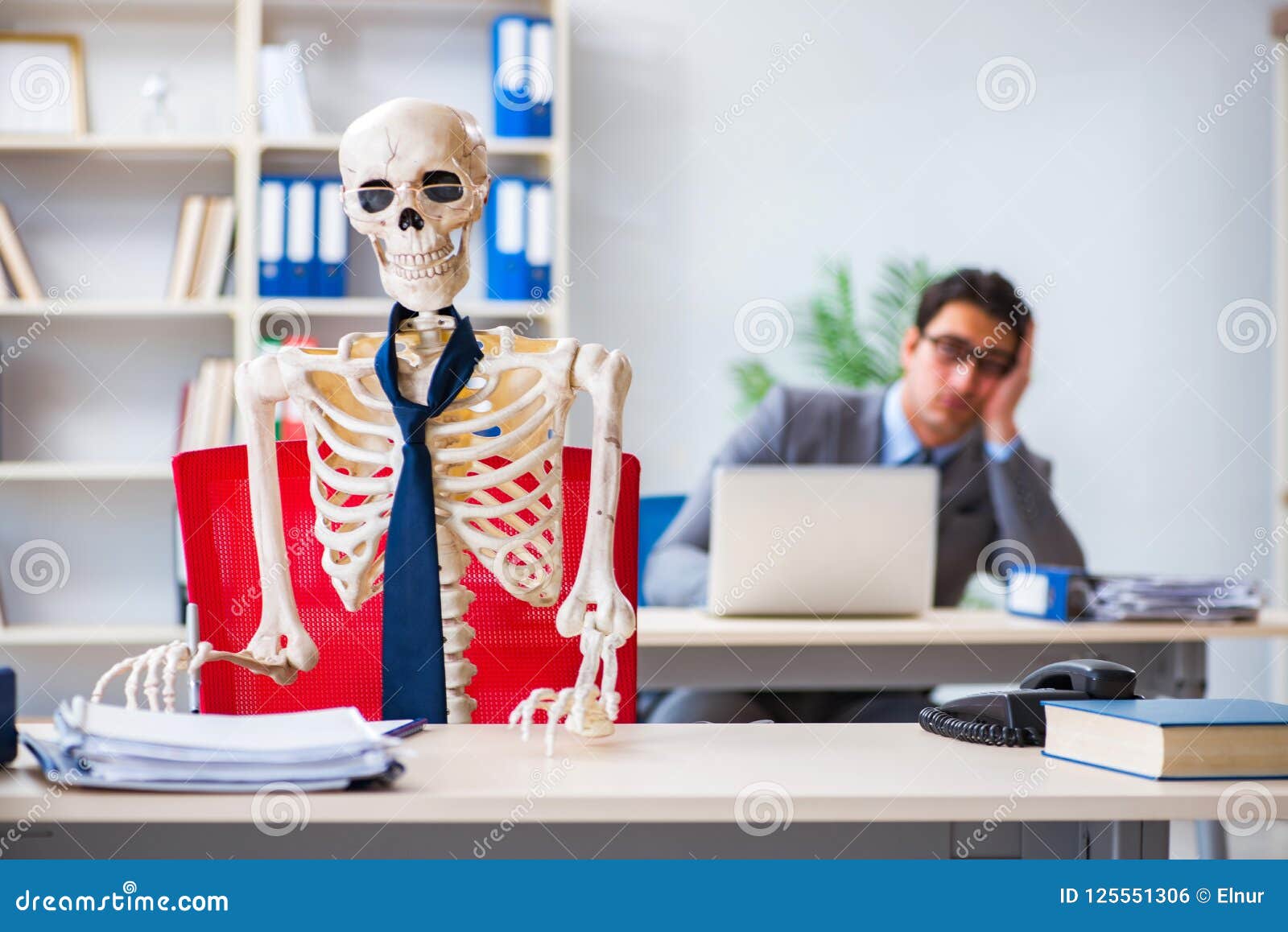 The Businessman Working with Skeleton in Office Stock Photo - Image of ...