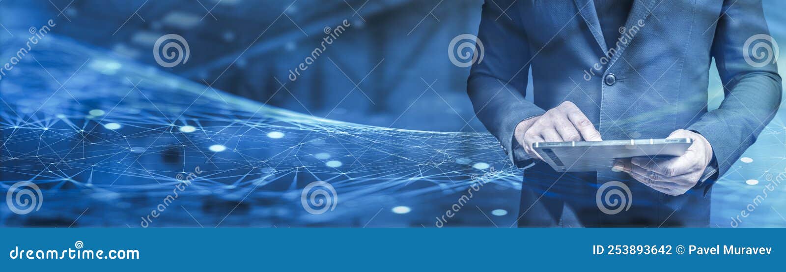 Businessman Working with Tablet on Abstract Digital Background. Digital ...