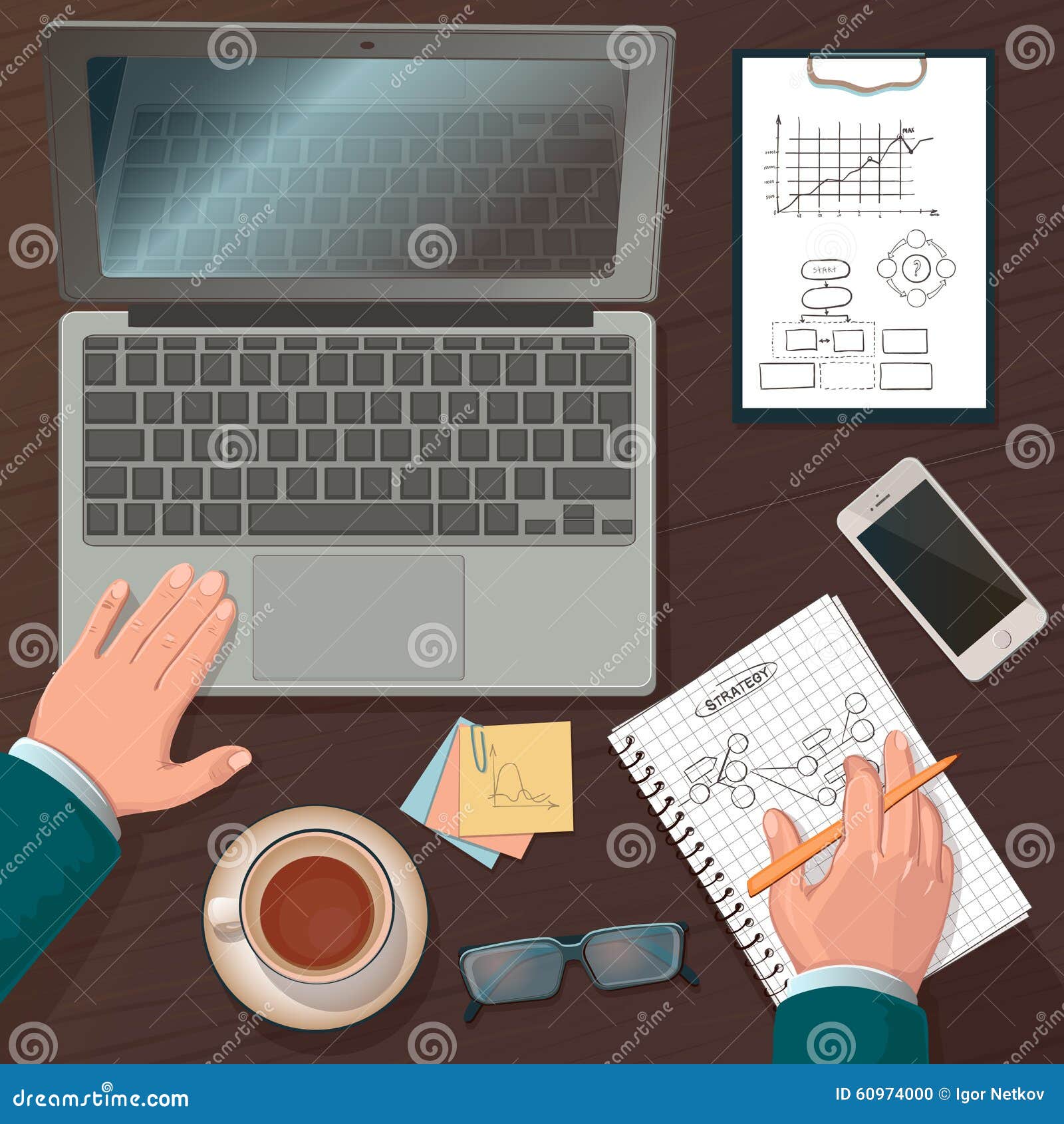 Businessman Working, Top View Stock Vector - Illustration of equipment ...
