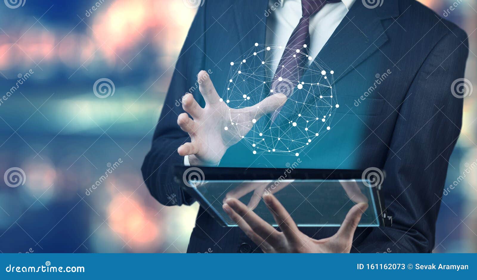 Businessman Working with Virtual Panel Presenting Wireless Connection ...