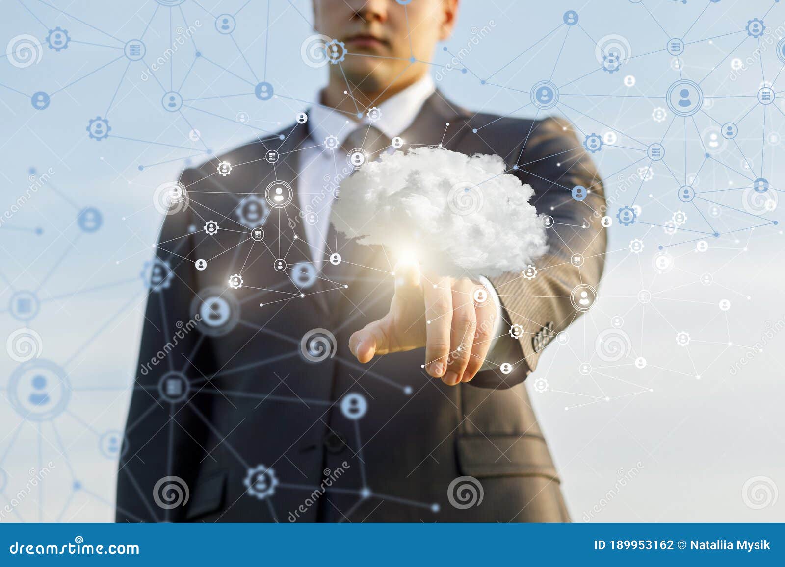 Businessman Works with an Intelligent Cloud in the Form of a Brain ...