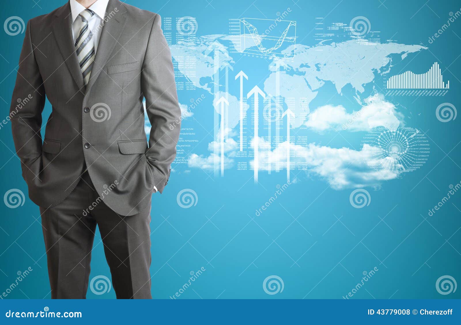 Businessman With World Map, Clouds, And Graphs Stock Photography ...