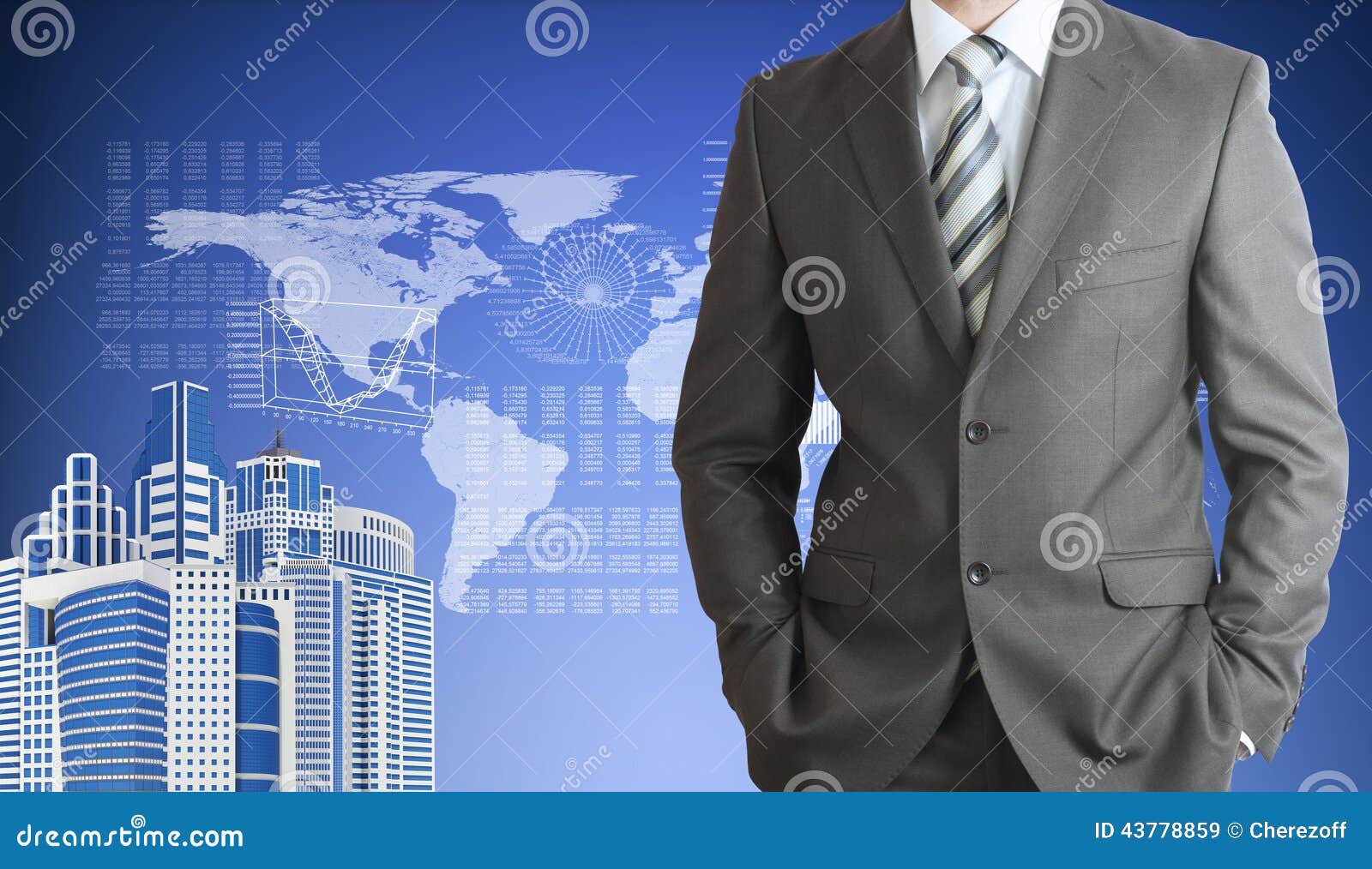 Businessman with World Map, Skyscrapers and Graphs Stock Image - Image ...