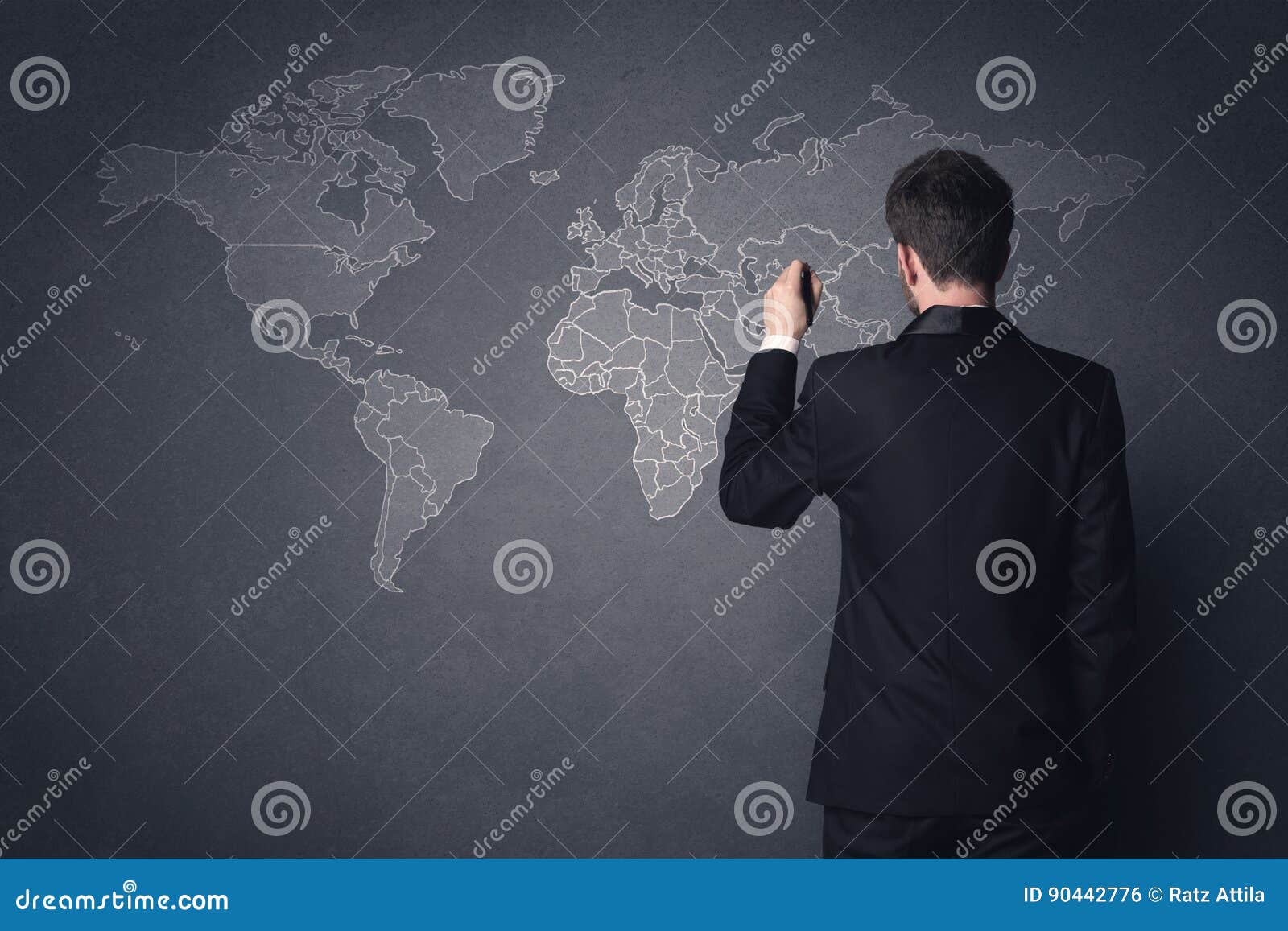 Businessman With World Map And Major Landmarks Of The World Stock Photo ...