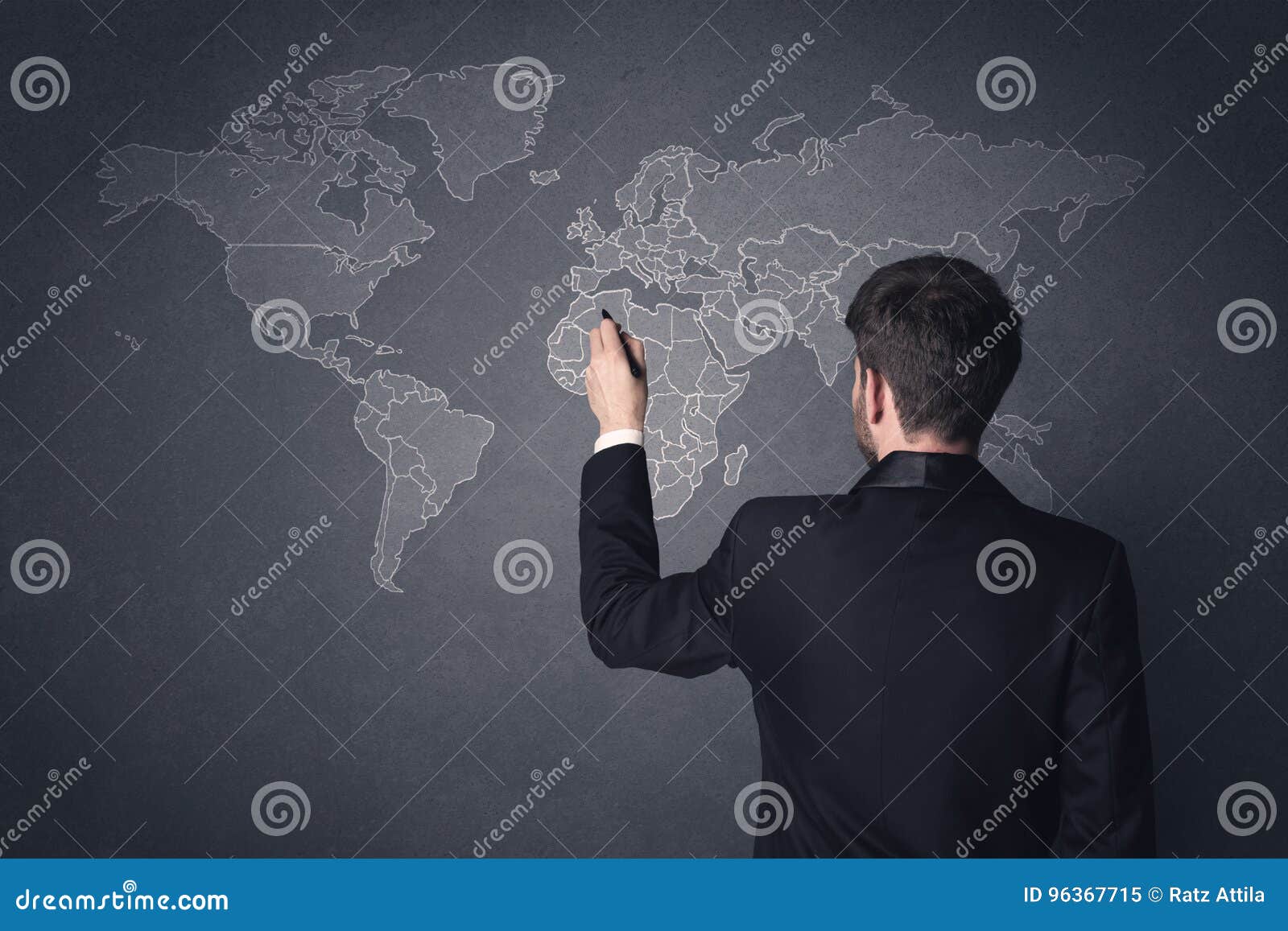Businessman With World Map And Major Landmarks Of The World Stock Photo ...