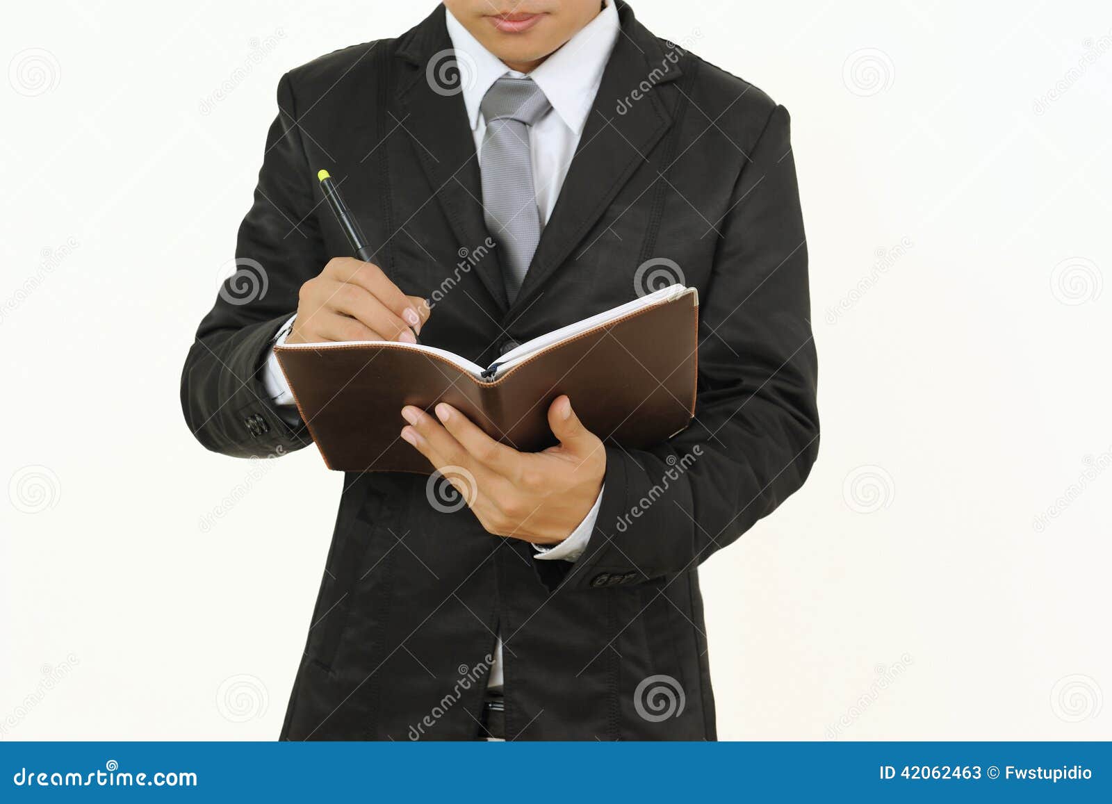 Businessman Writing and Holding Note Book Isolated on White Background ...