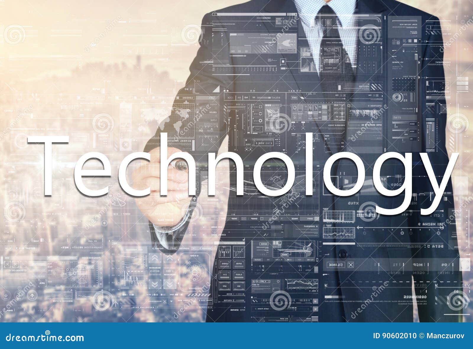 Businessman Writing Technology on Transparent Board with City in Stock ...