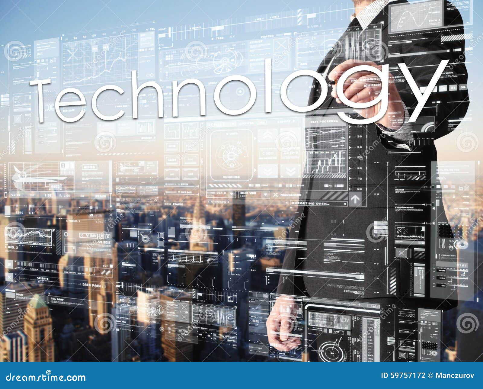 Businessman Writing Technology on Transparent Board with City in ...