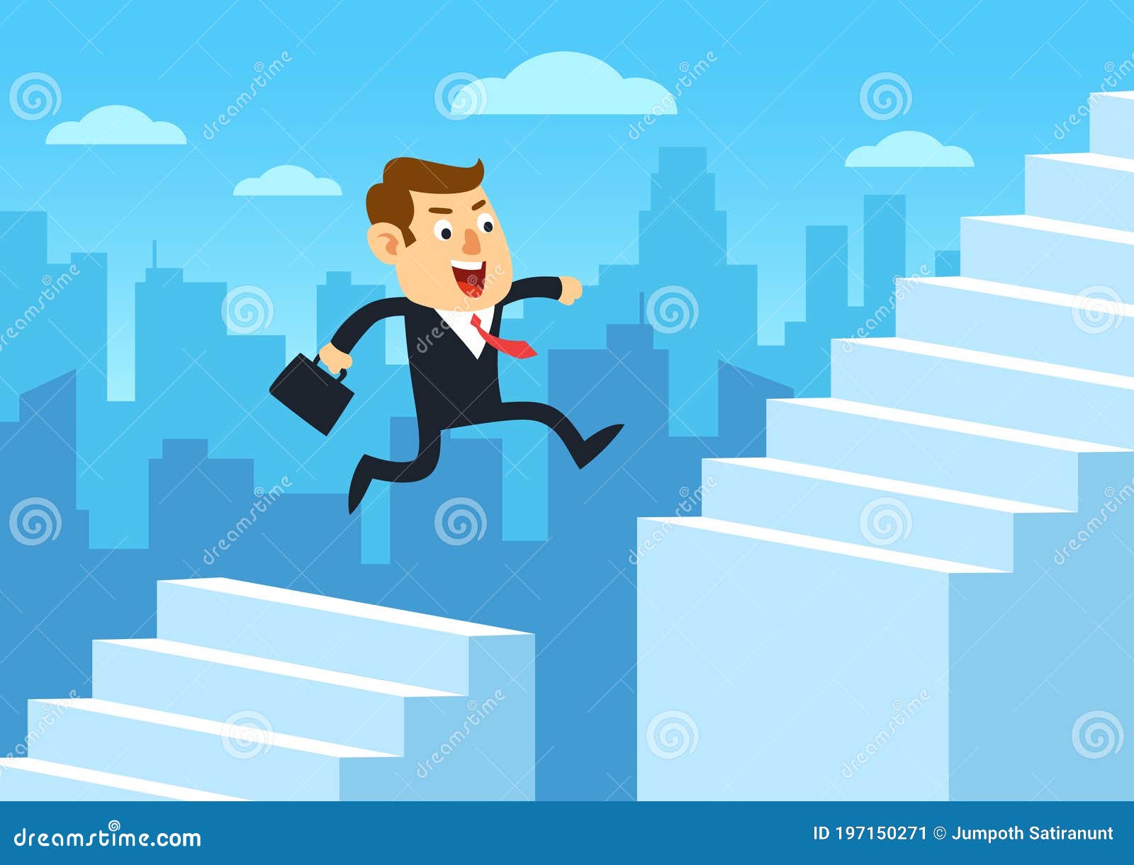 Businessman Running Up Staircase and Jumping Over Chasm, Gap on ...