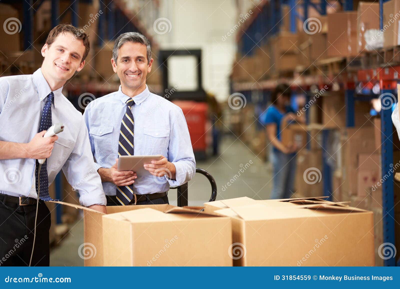 Businessmen Checking Boxes with Digital Tablet and Scanner Stock Image ...