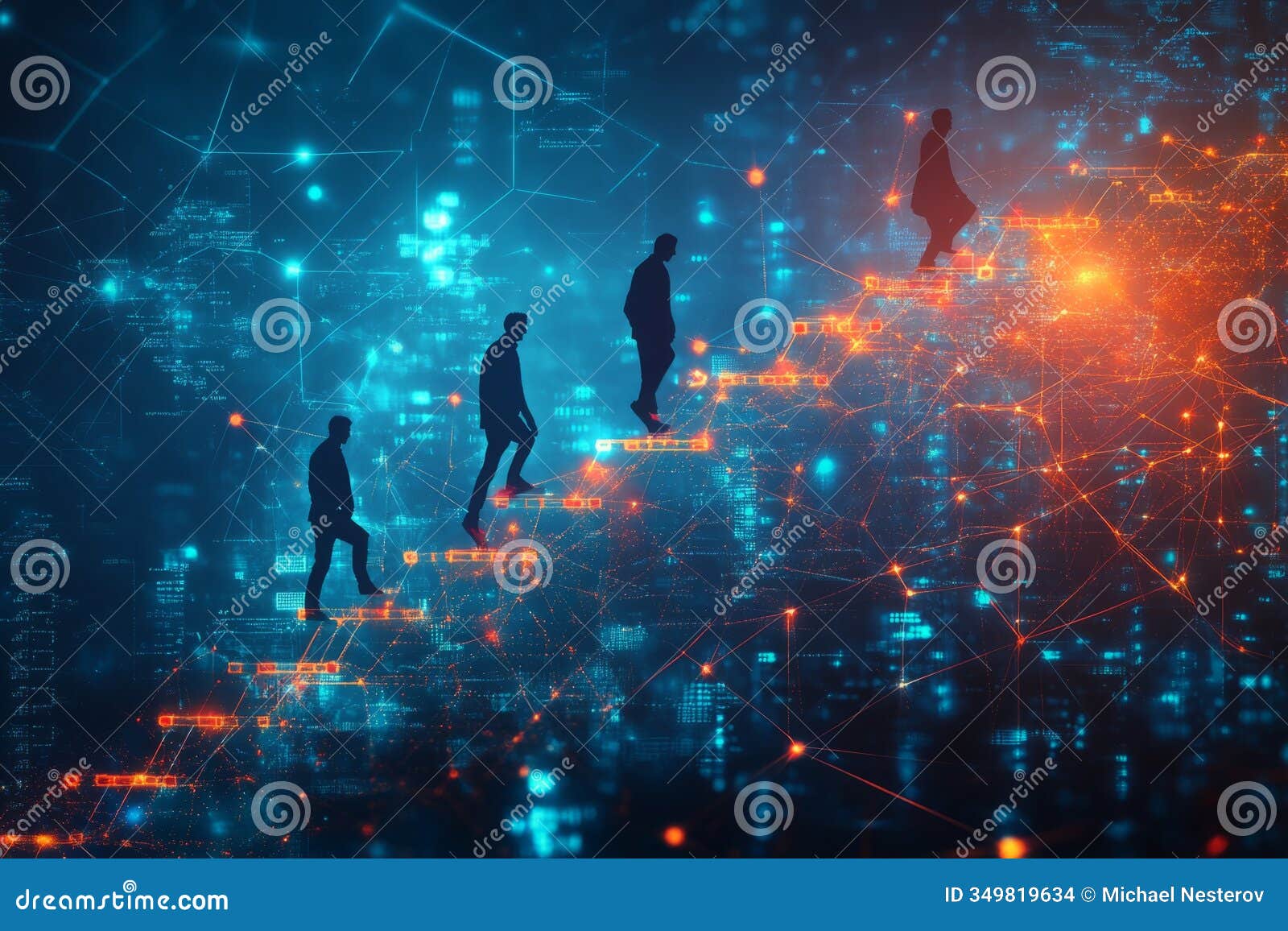 Businessmen Climbing Digital Ladder in Abstract Technology Background ...