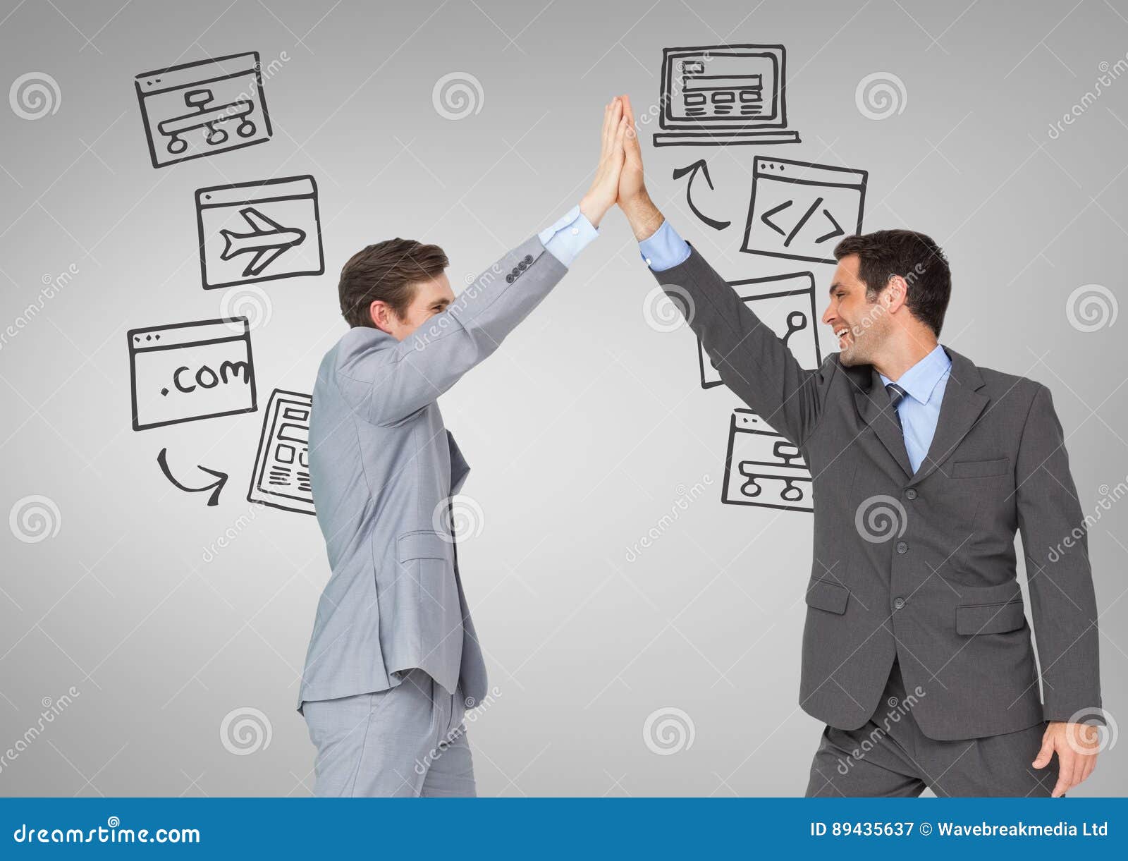 Businessmen High Five with Technology Screens Business Graphics ...