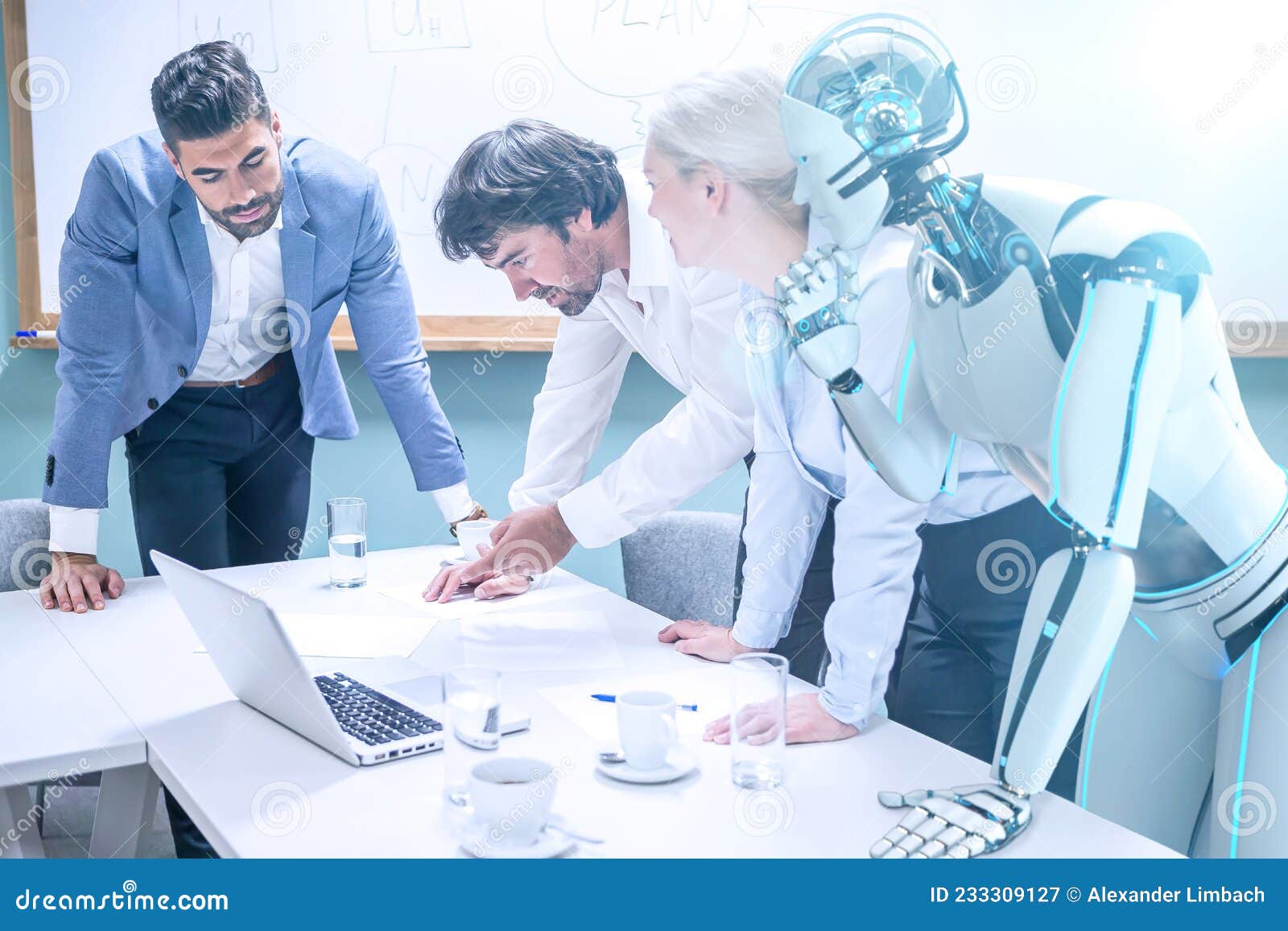 Businessmen with Humanoid Robot Working Stock Image - Image of humanoid ...