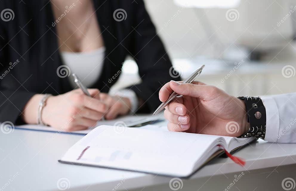 Businessmen Make Notes in Notepad Stock Image - Image of communication ...