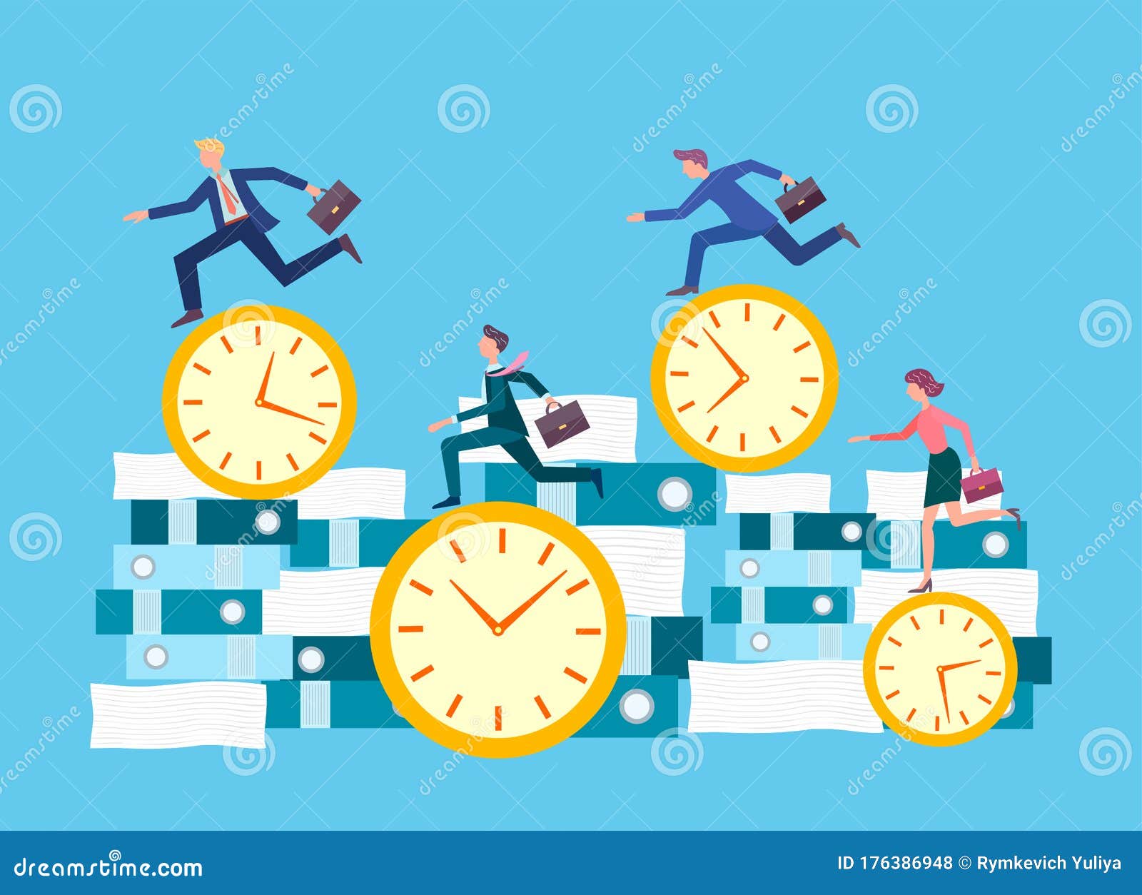 Businessmen Run and Balance on the Clock among Folders with Documents ...