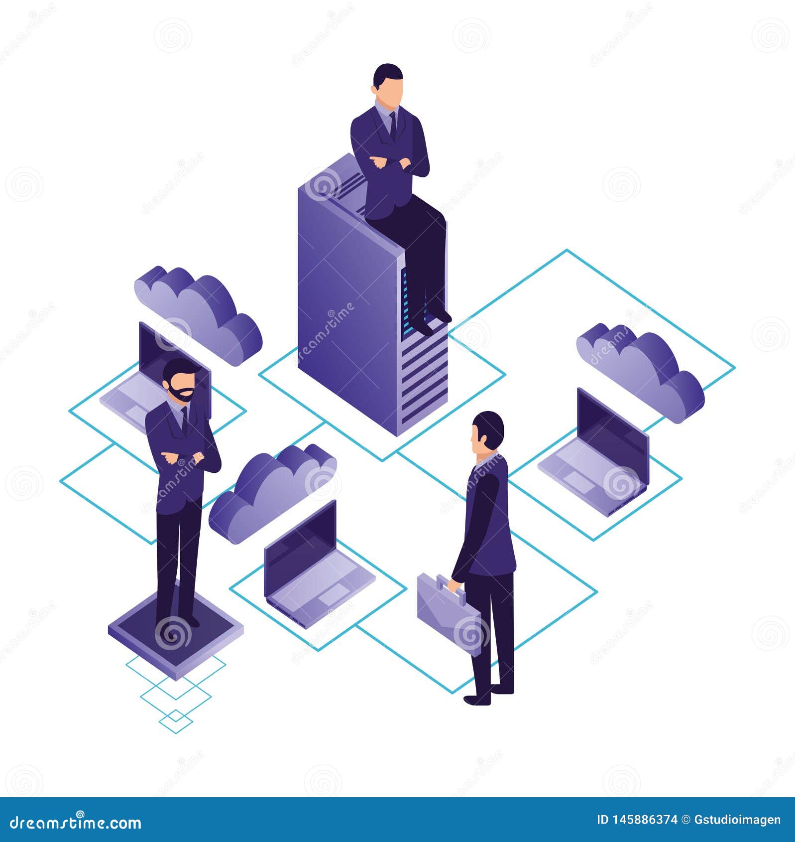 Businessmen with Teamwork and Icon Server Data Isometric Stock ...