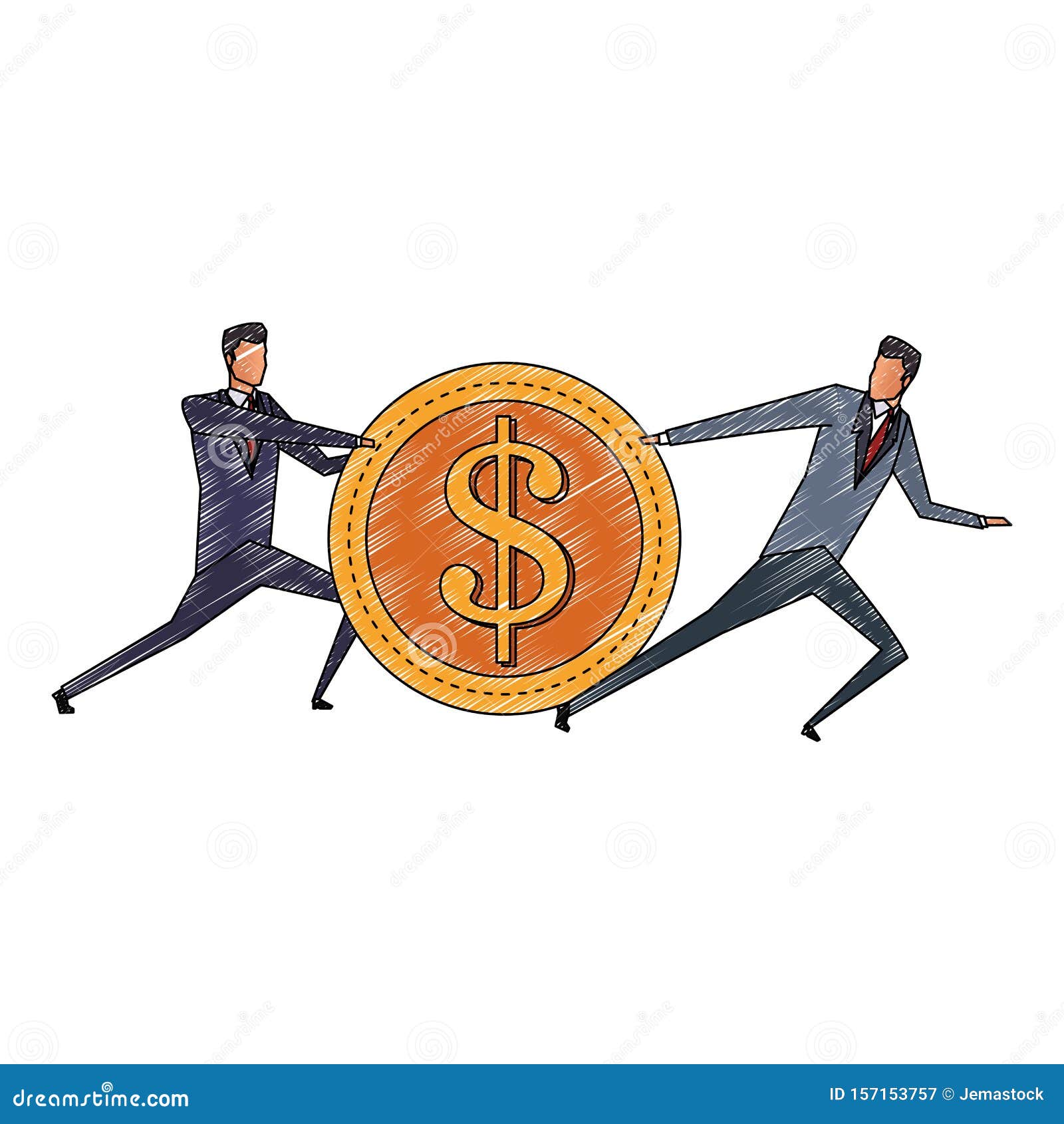 Businessmens Pulling and Pushing a Coin Scribble Stock Vector ...