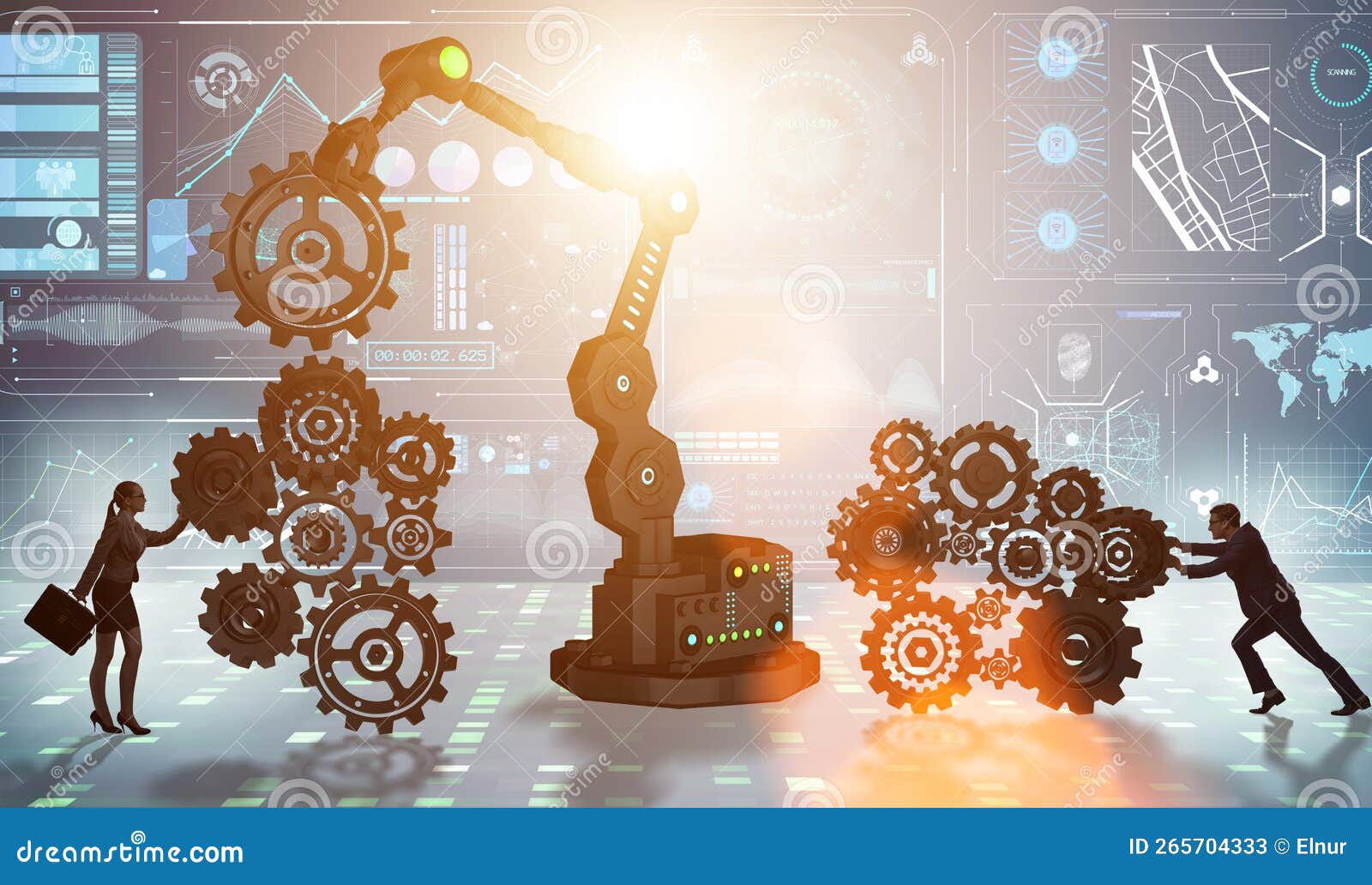 Businesspeople with Cogwheel and Robotic Arm Stock Image - Image of ...