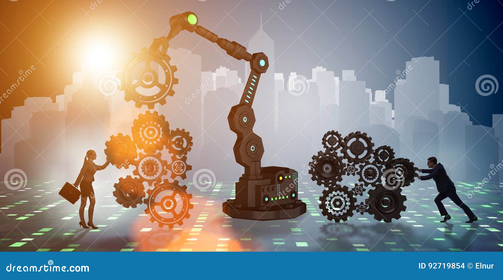 The Businesspeople with Cogwheel and Robotic Arm Stock Illustration ...