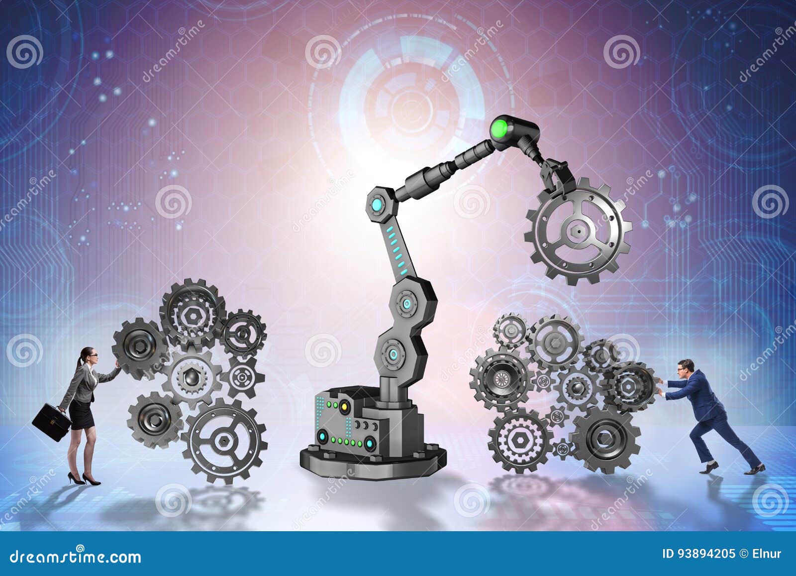 The Businesspeople with Cogwheel and Robotic Arm Stock Illustration ...