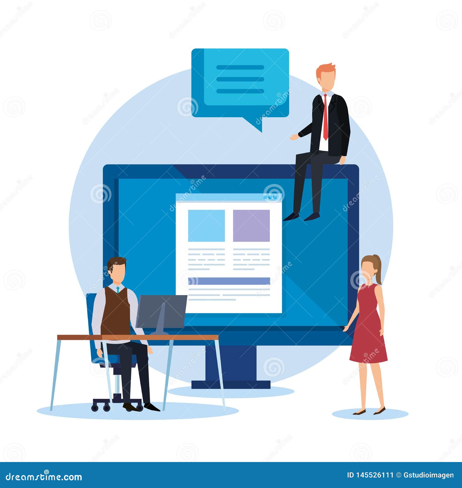 Businesspeople with Computer Document and Chat Bubble Stock ...