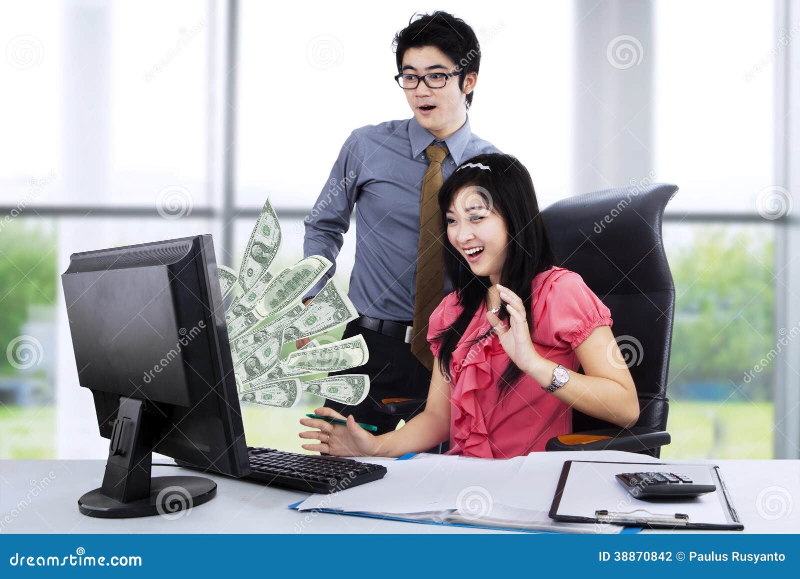 Businesspeople Getting Money from Internet Stock Photo - Image of ...