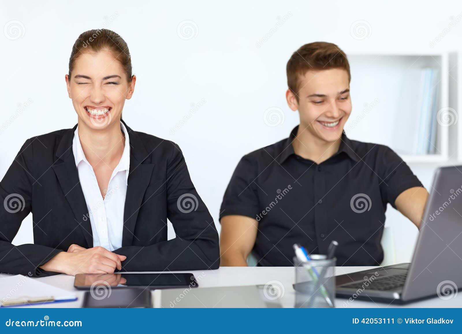 Businesspeople Laughing in Office Stock Image - Image of male, humor ...
