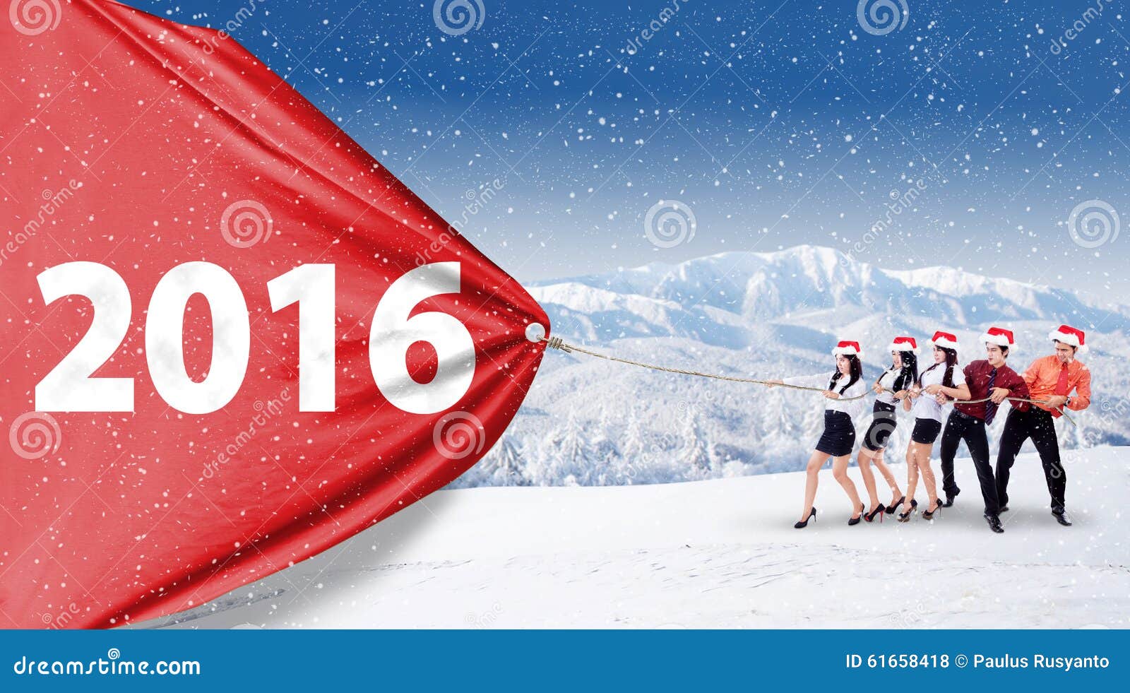 Businesspeople Pulling Numbers 2016 on a Banner Stock Photo - Image of ...