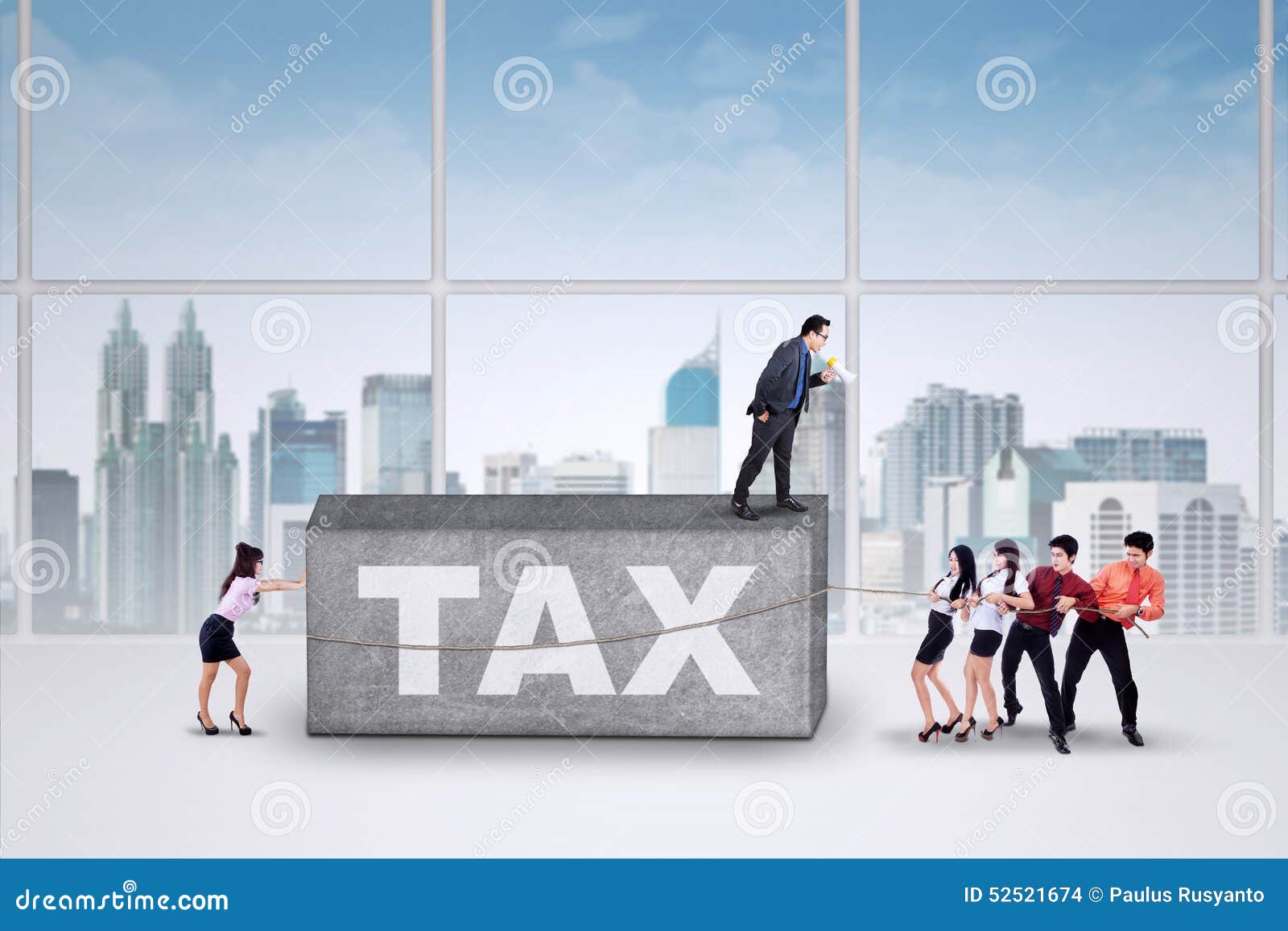 Businesspeople Pulling a Tax Rock Stock Photo - Image of heavy ...