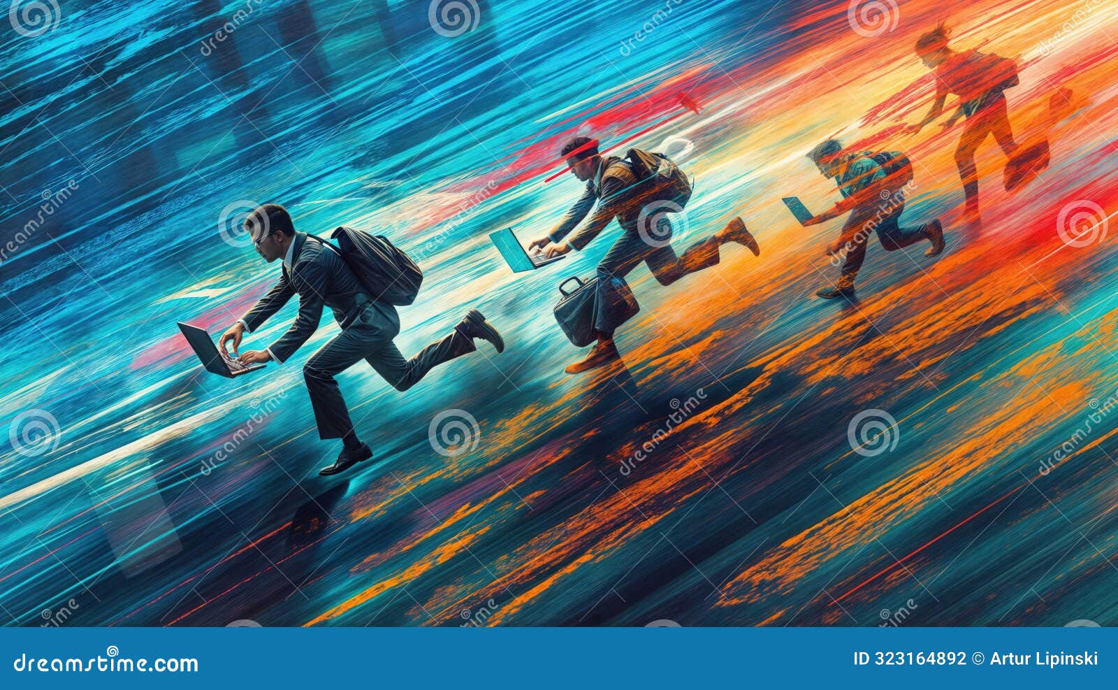 Businesspeople Race on a Digital Track while Using Laptops Stock ...