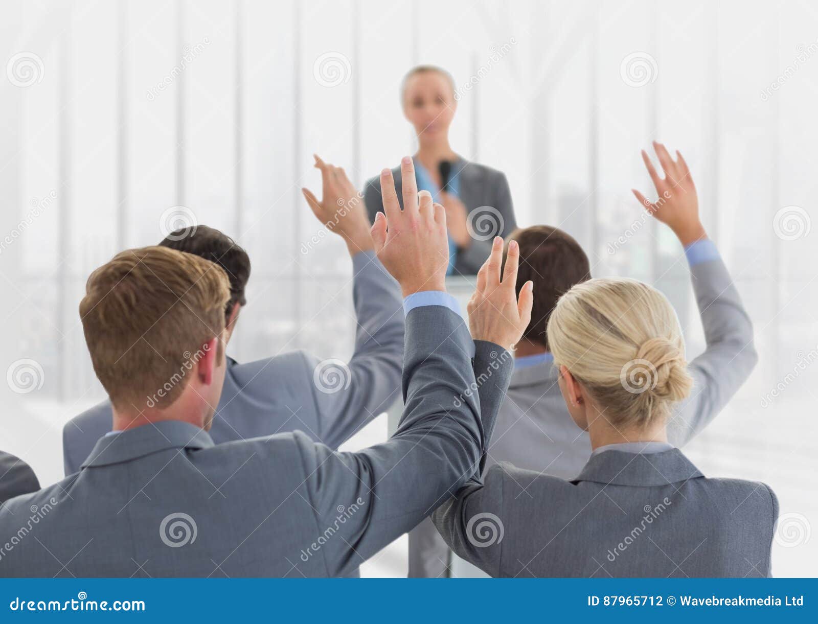 Businesspeople Raising Hands in Meeting Stock Photo - Image of ...