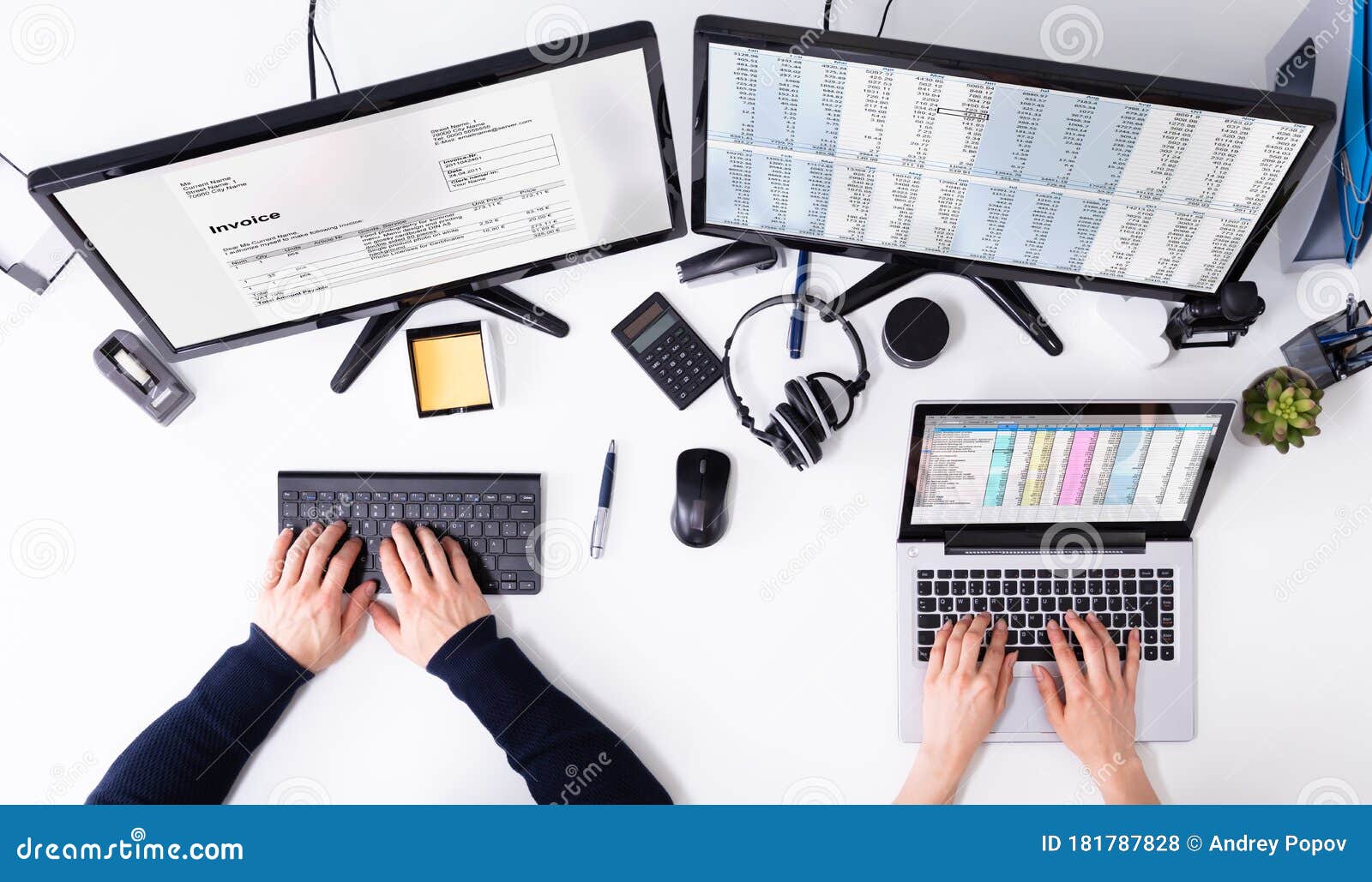 Businesspeople`s Hand Checking Invoice on Computer Stock Photo - Image ...