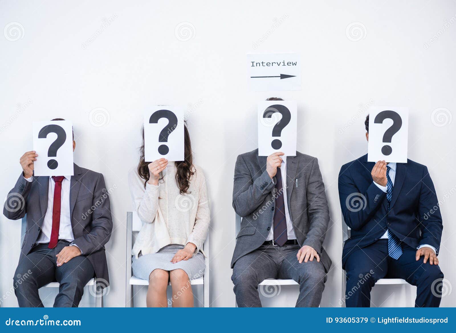 Businesspeople Sitting in Queue and Waiting for Interview, Holding ...